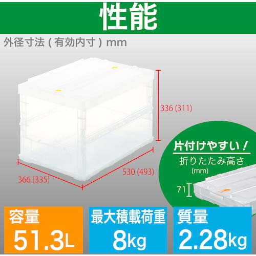 TRUSCO オリコン 薄型折りたたみコンテナ スケルコン 50L ロックフタ付 透明 TSK-C50Bの通販｜現場市場